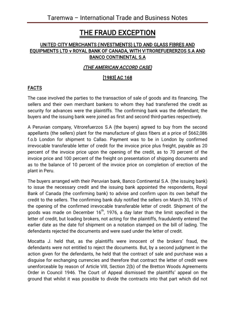 Fraud Exception in International Trade Case | PDF | Letter Of Credit ...