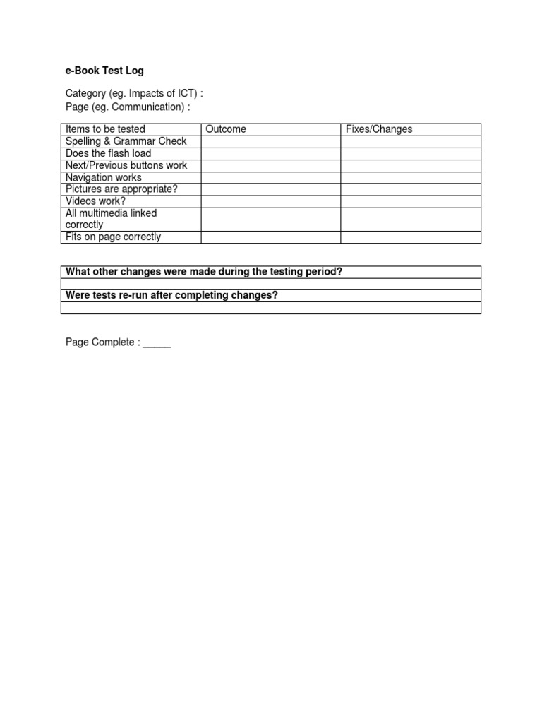 E-Book Test Log | PDF