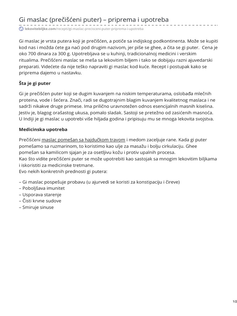 Gi Maslac Prečišćeni Puter Priprema I Upotreba | PDF