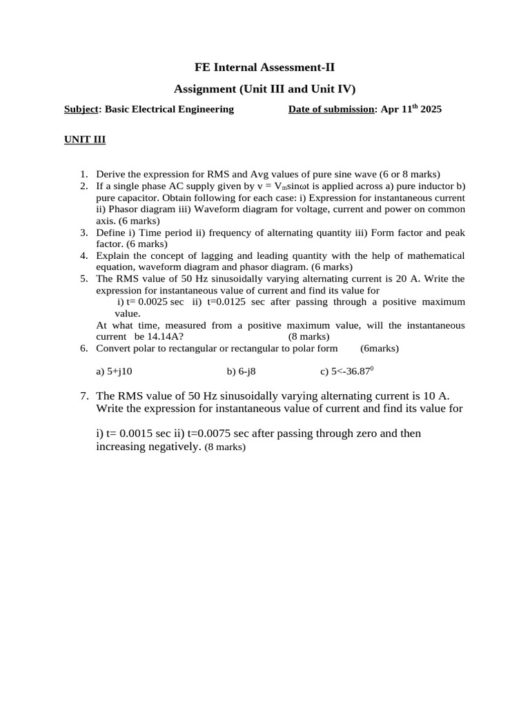 BEE Assignment - Unit 3 and 4 (2024 Pattern) | PDF | Root Mean Square | Alternating Current