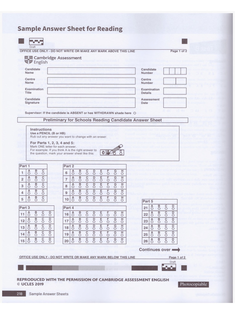 Answer Sheet PET B1 (Write Your Answers Like This) | PDF