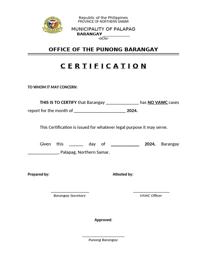 VAWC Certification for Barangay 2024 | PDF