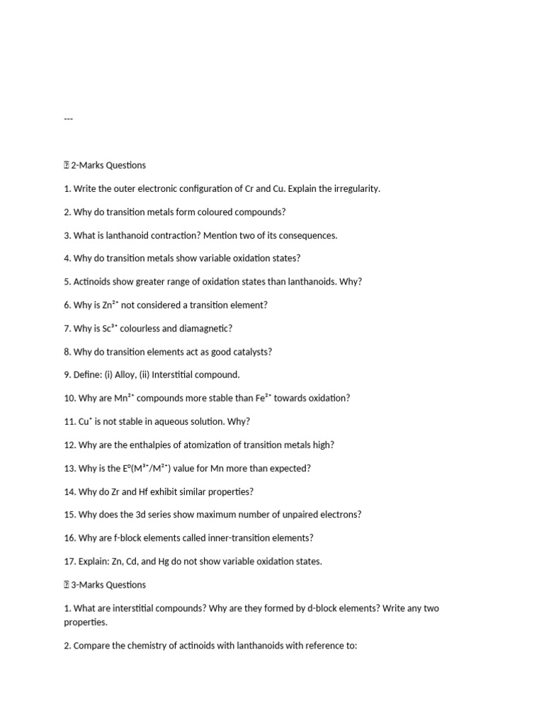 D and F Block Elements: Key Questions | PDF | Transition Metals ...