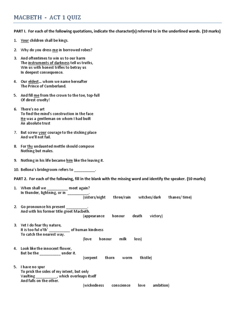 Act 1 Quiz | PDF | Macbeth | Tragedy Plays