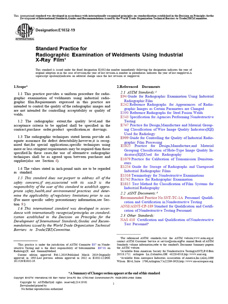 ASTM E1032-19 | PDF | Nondestructive Testing | Radiography