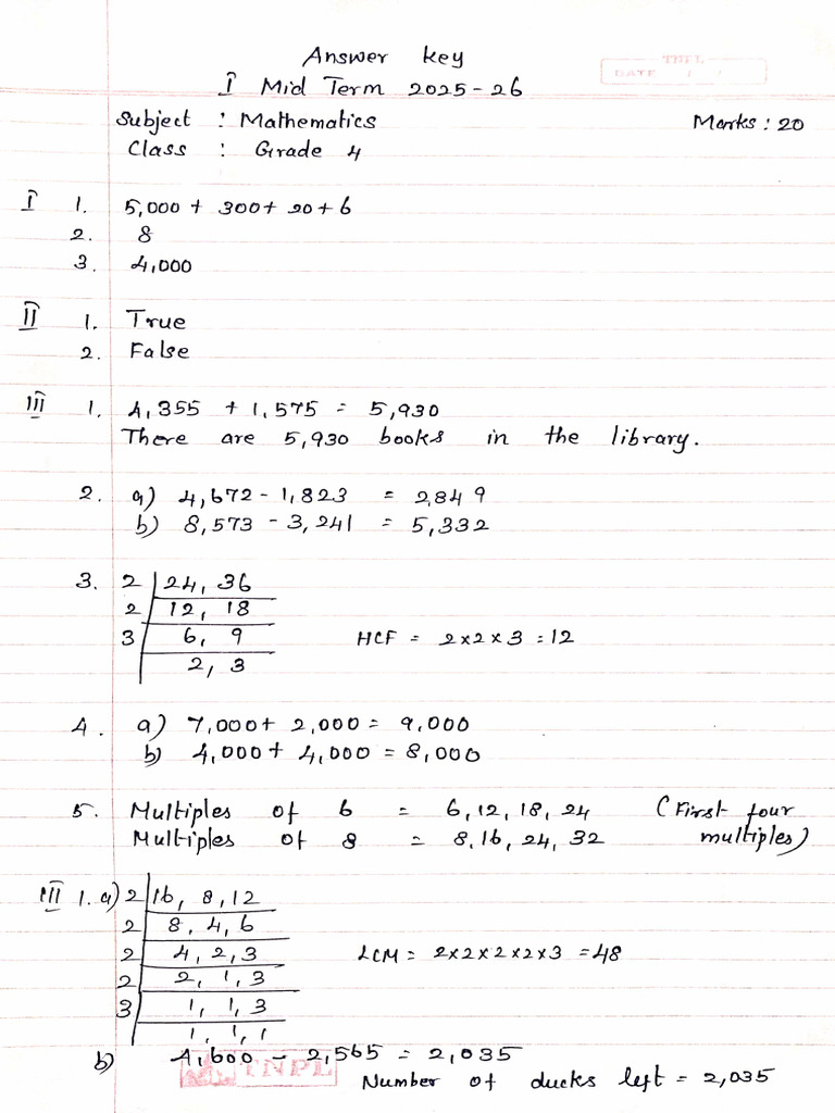 Grade 4 - I Mid Term Answer Key - Maths | PDF