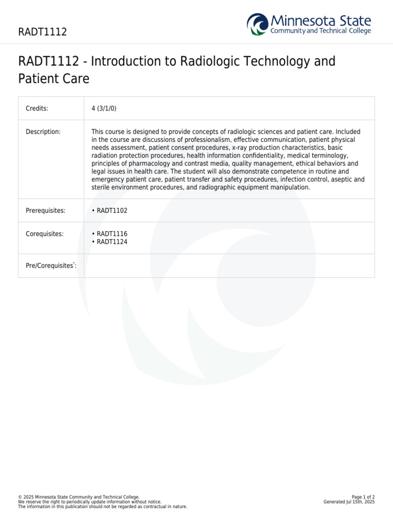 RADT1112 - Introduction To Radiologic Technology and Patient Care | PDF ...