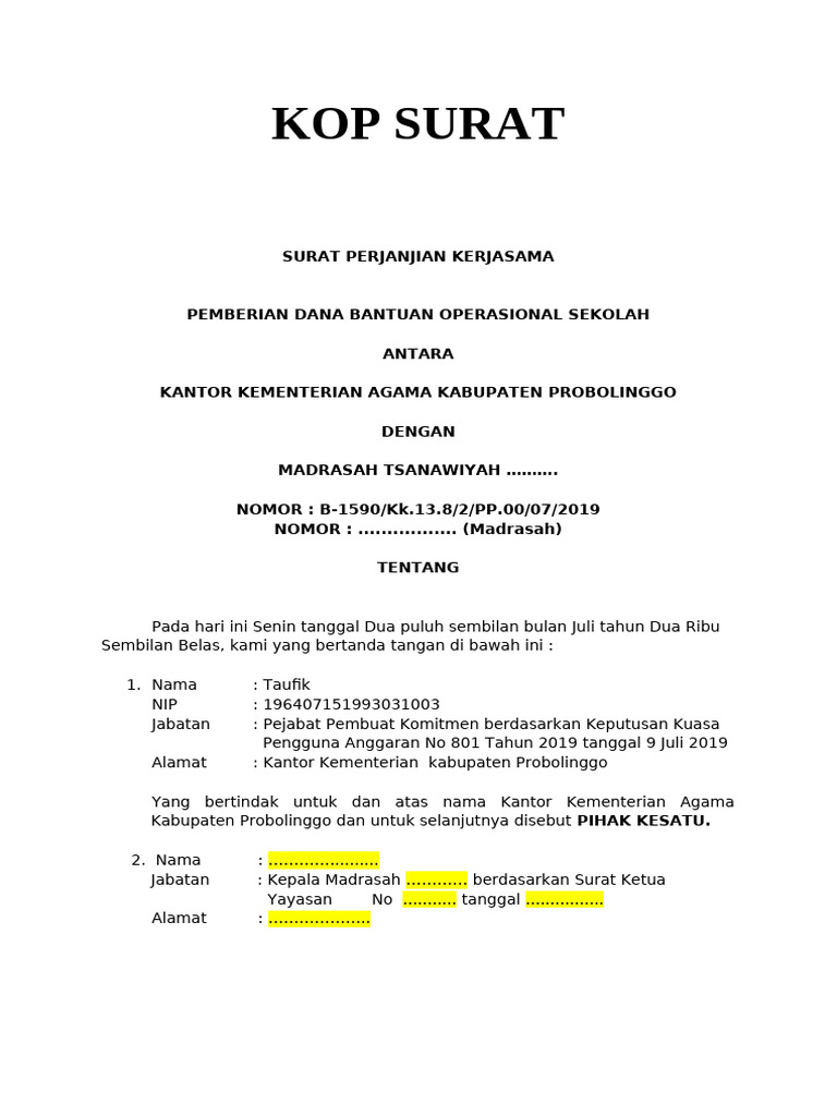 Surat Perjanjian Kerjasama MTs | PDF