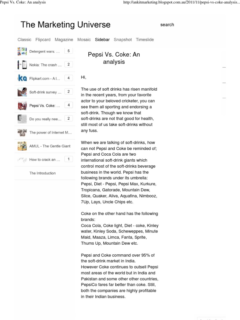 Pepsi vs. Coke - An Analysis | PDF | Pepsi Co | Coca Cola