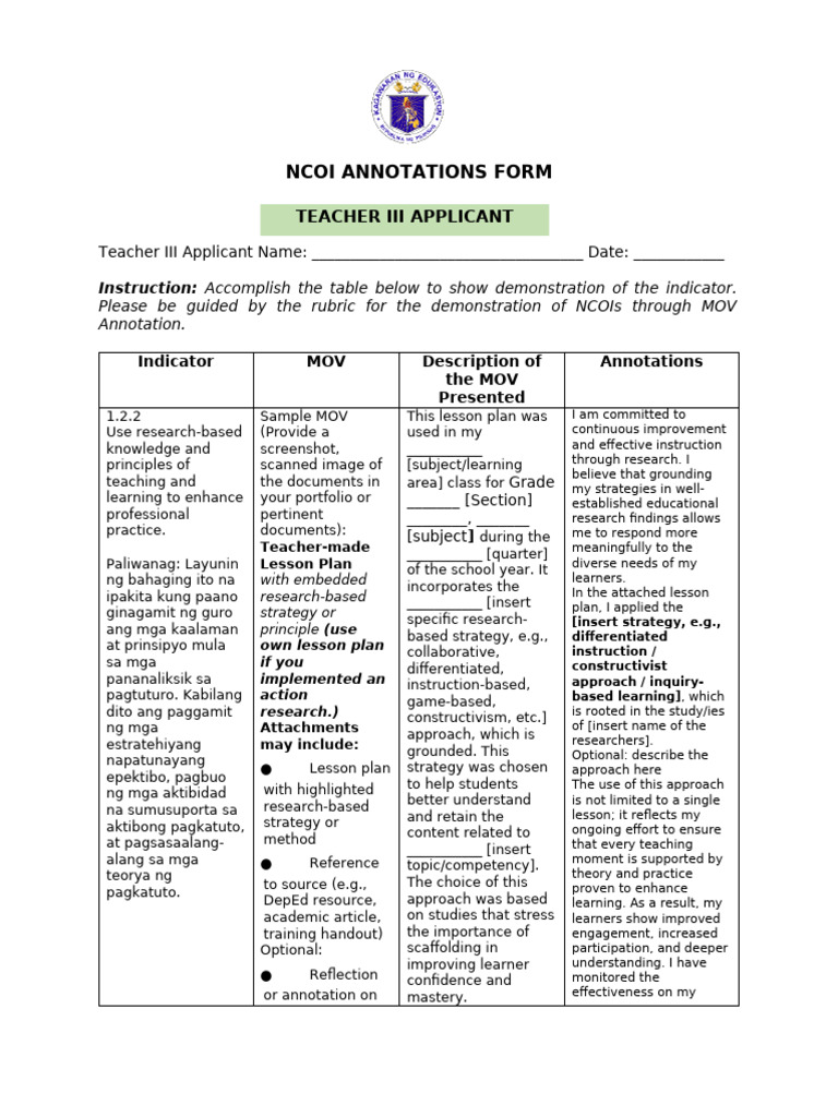 Sample Ncoi For Tiii Applicant | PDF | Lesson Plan | Learning