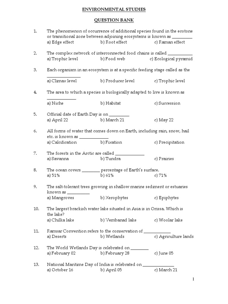 Environmental Studies Question Bank | PDF | Natural Environment | Carbon