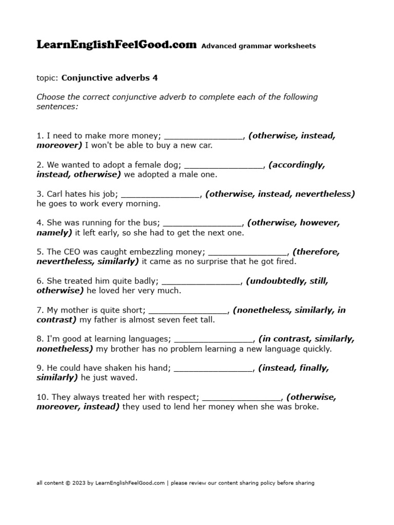 Conjunctive Adverbs Worksheet 4 | PDF