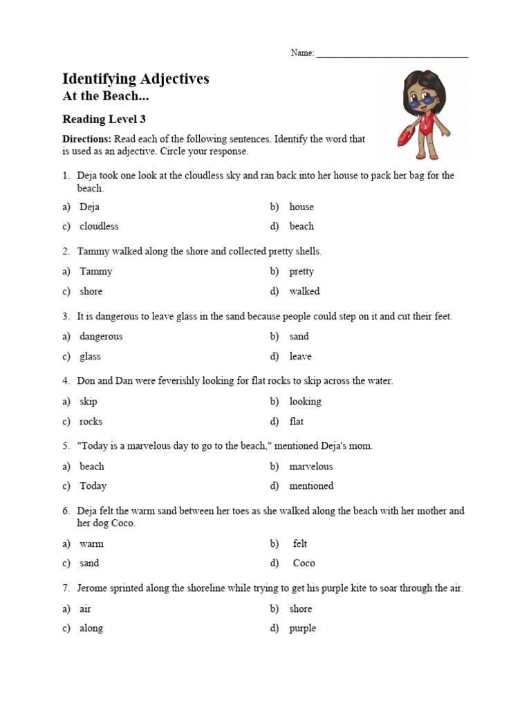 Identifying Adjectives Exercise: Beach Theme | PDF
