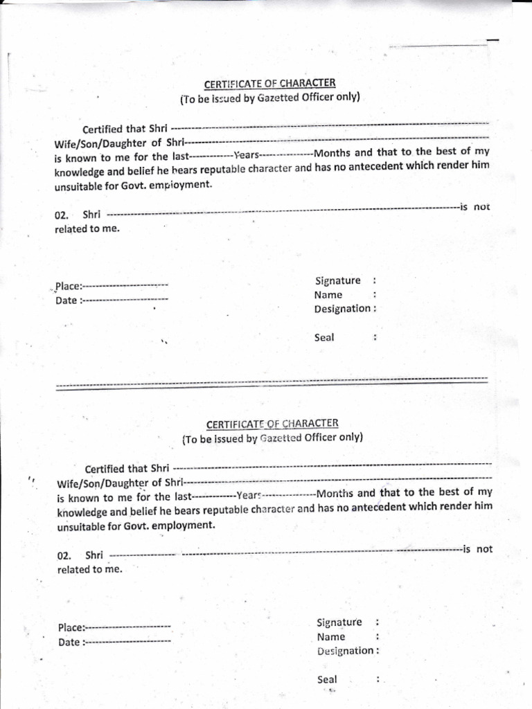 Character Certificate Format by Gazetted Officer | PDF