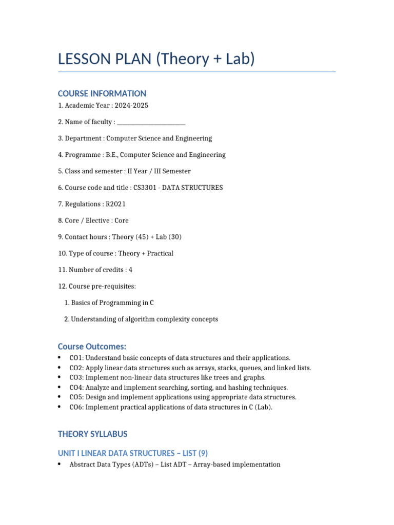 CS3301 DataStructures Detailed LessonPlan | PDF | Data Structure | Applied Mathematics