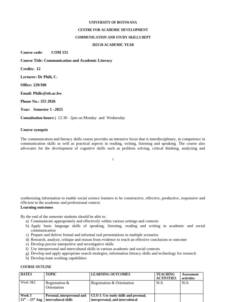 Communication and Academic Literacy Course | PDF | Communication | Learning