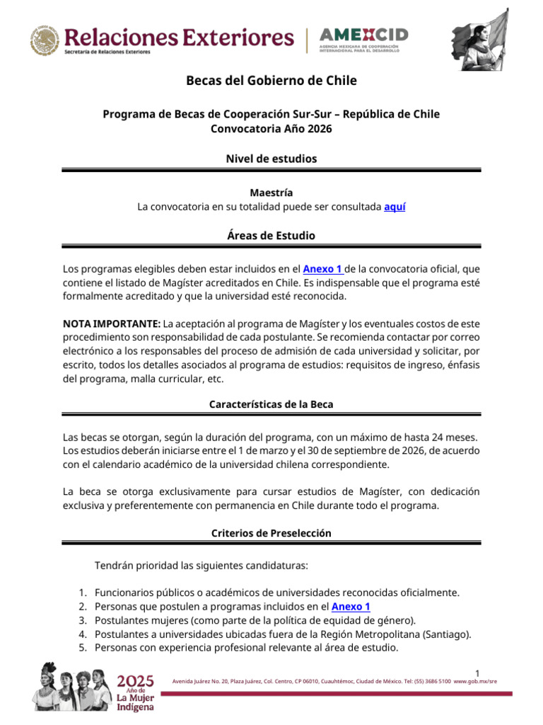 Desglose Becas de Cooperaci N Sur-Sur - 2026 M XICO | PDF | Beca | Chile