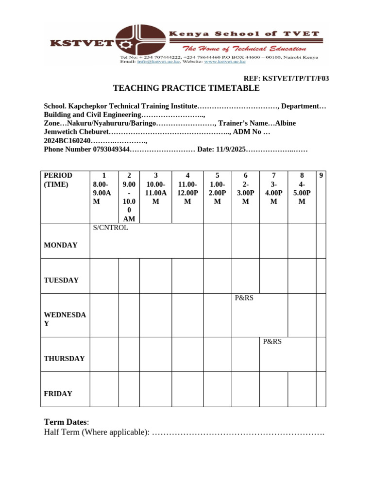 Teaching Practice Timetable:: Half Term (Where Applicable) | PDF