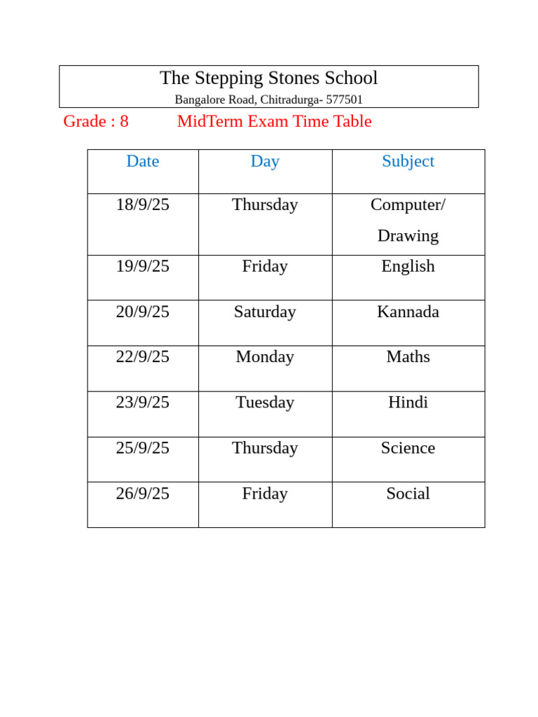 8th STD MidTerm Exam TimeTable | PDF