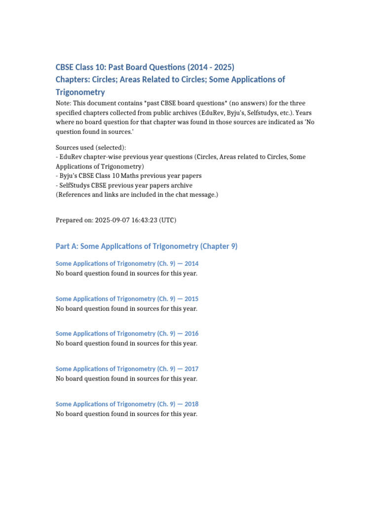 CBSE Class10 PYQs 2014-2025 Circles Area Trigonometry | PDF | Circle | Area