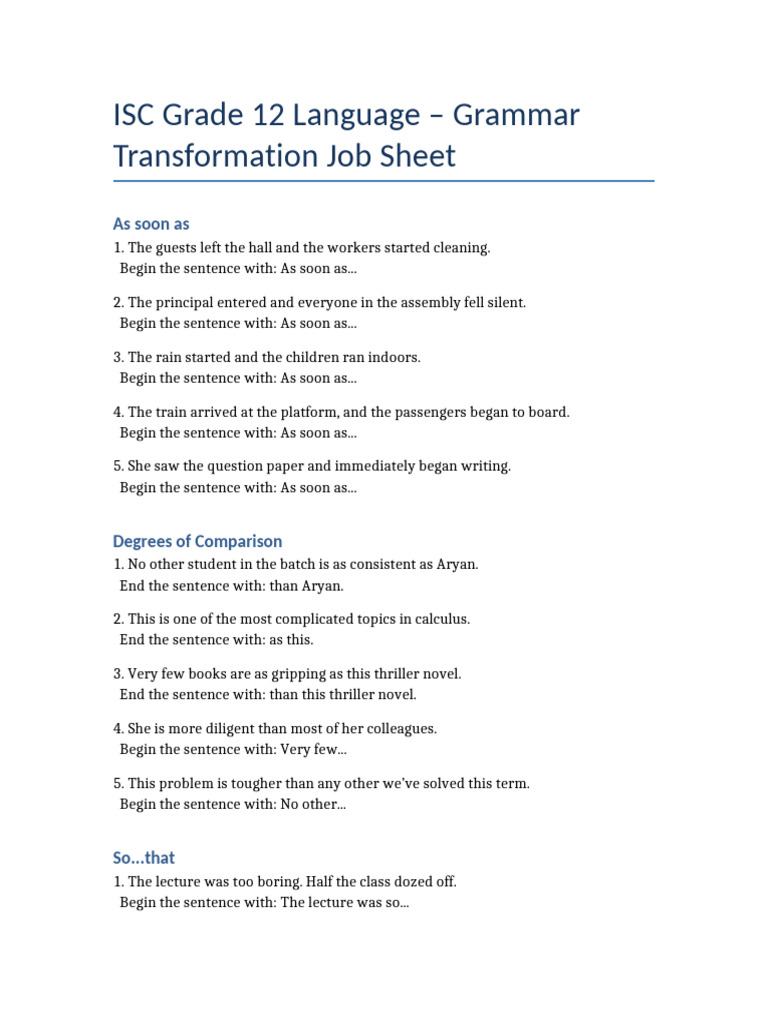 ISC Grade12 Grammar JobSheet Final | PDF