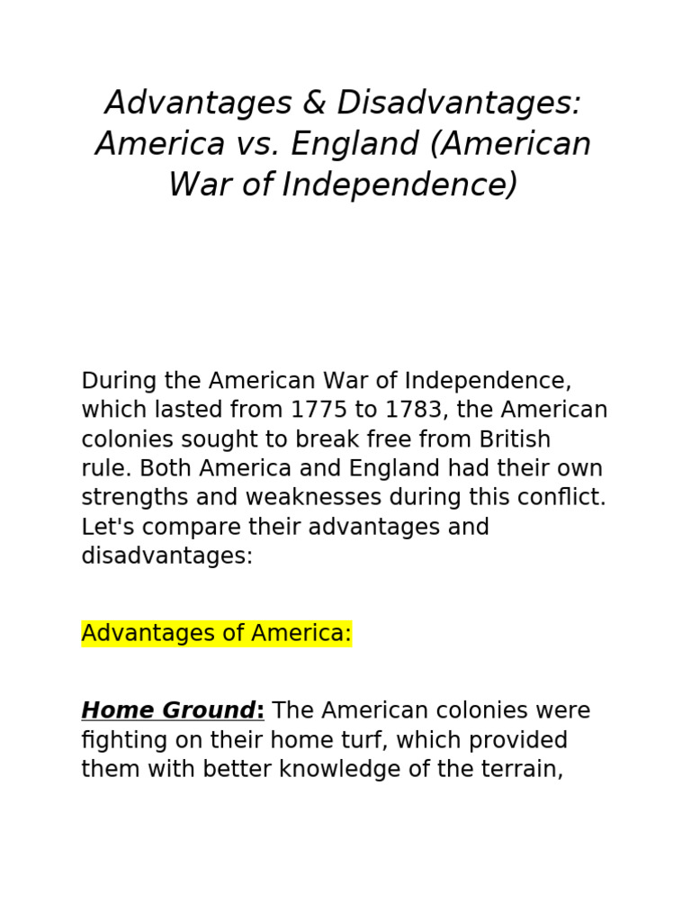 Advantages in American Indepe. War | PDF | American Revolutionary War ...