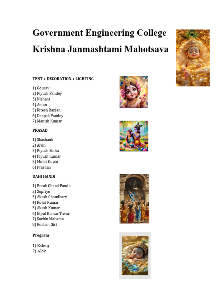Krishna Janmashtami Celebration Roles | PDF