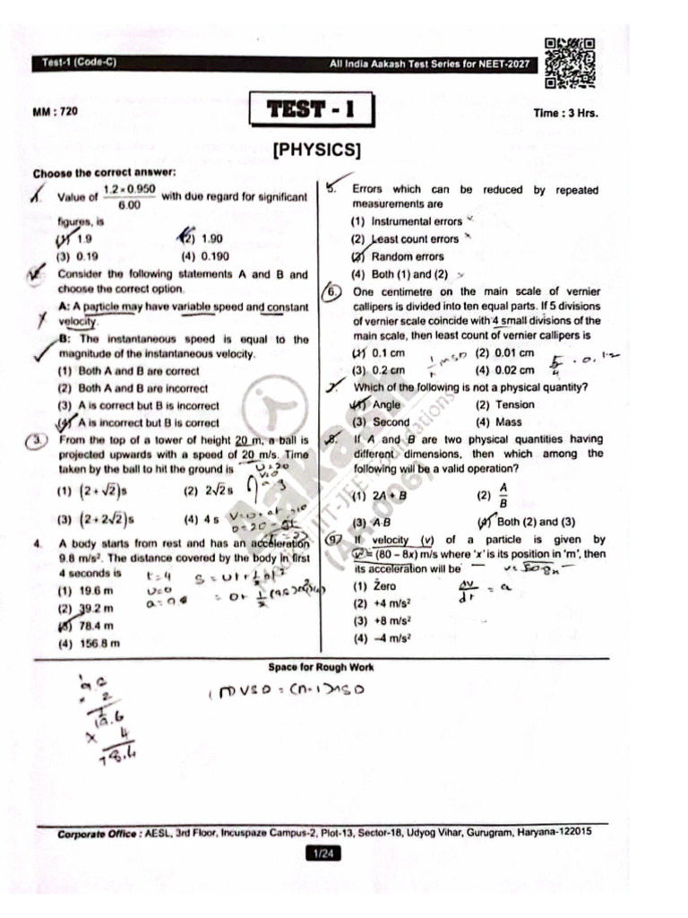 Shrivathsan UNits & Motion in Straight Line Test | PDF