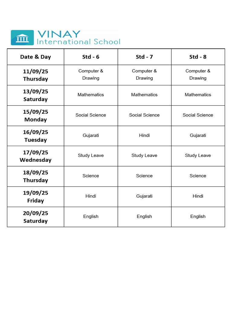 Std 6 to 8 Half Yearly Exam Time Table | PDF