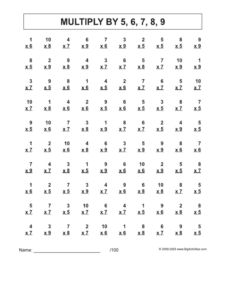 Multiply by 5,6,7,8,9 (Vertical Questions - Full Page) | PDF