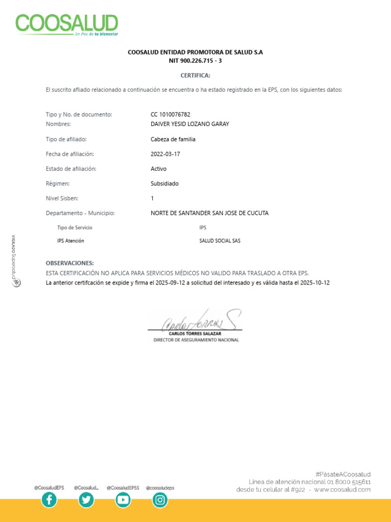 Certifica Do CC 1010076782 | PDF