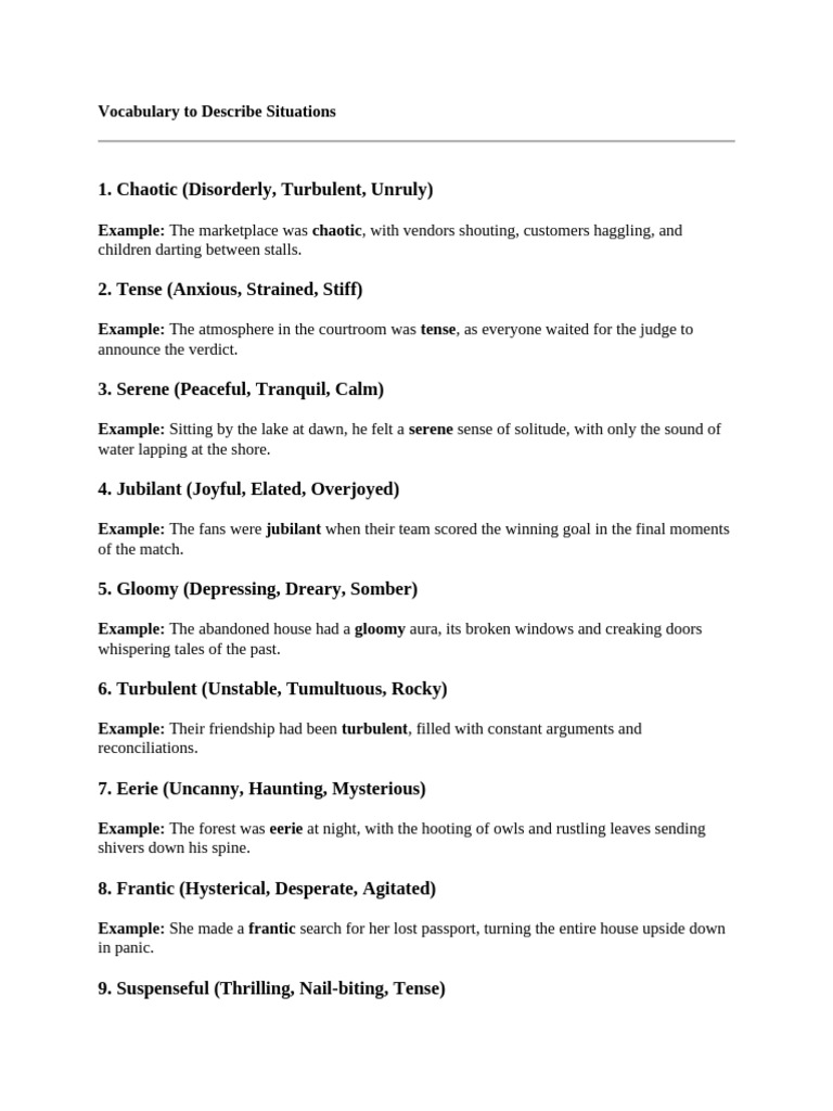 Vocabulary To Describe Situations | PDF