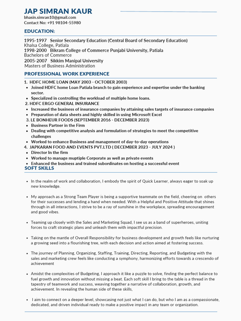 Jap Simran Kaur Resume PDF | PDF | Business