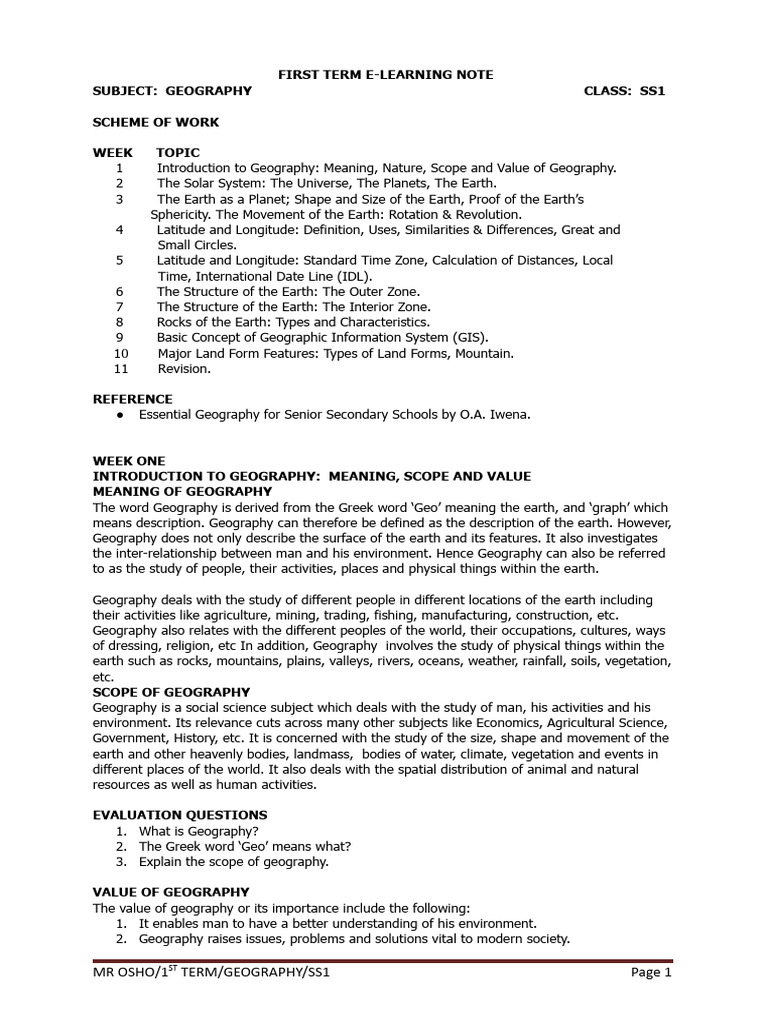 SS1 Geography E-Learning Notes | PDF | Rock (Geology) | Planets
