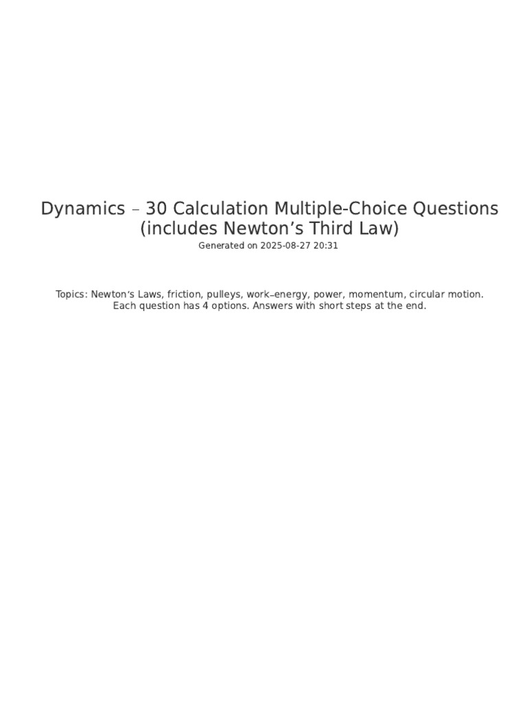 Dynamics MCQs: Newton's Laws & Forces | PDF | Force | Motion (Physics)