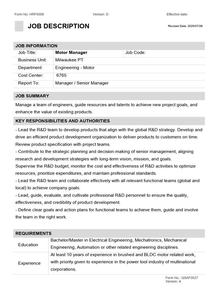 Motor Manager Job Description 2025 | PDF | Goal | Research And Development