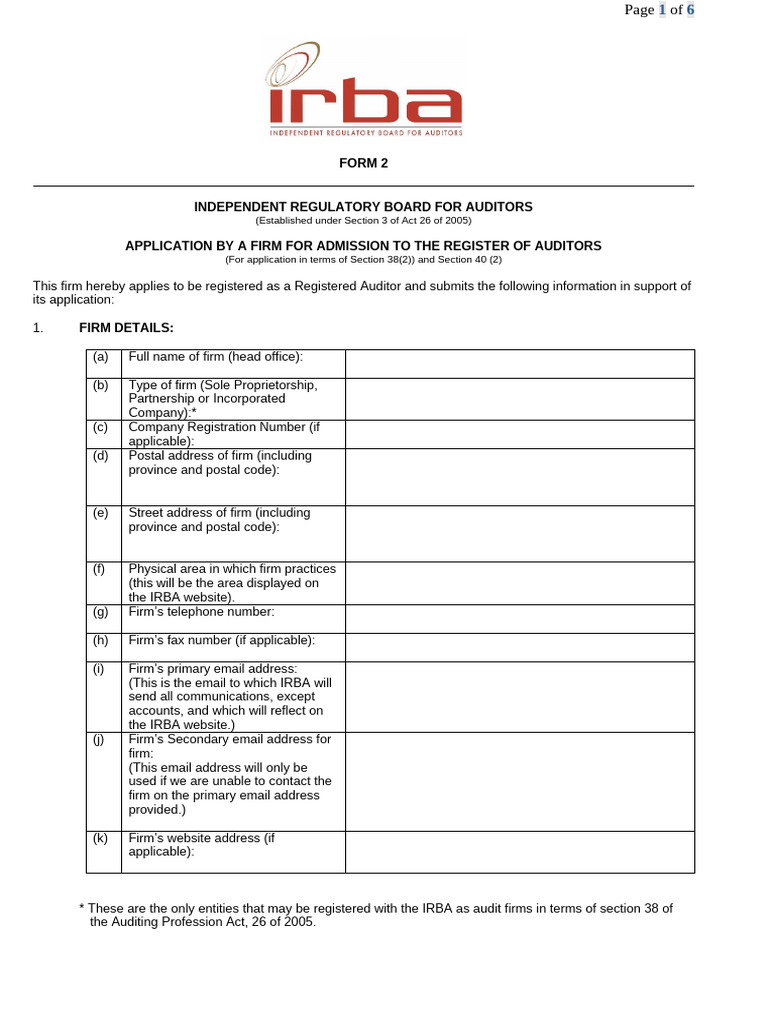 Auditor Firm Registration Application Form | PDF | Audit | Business