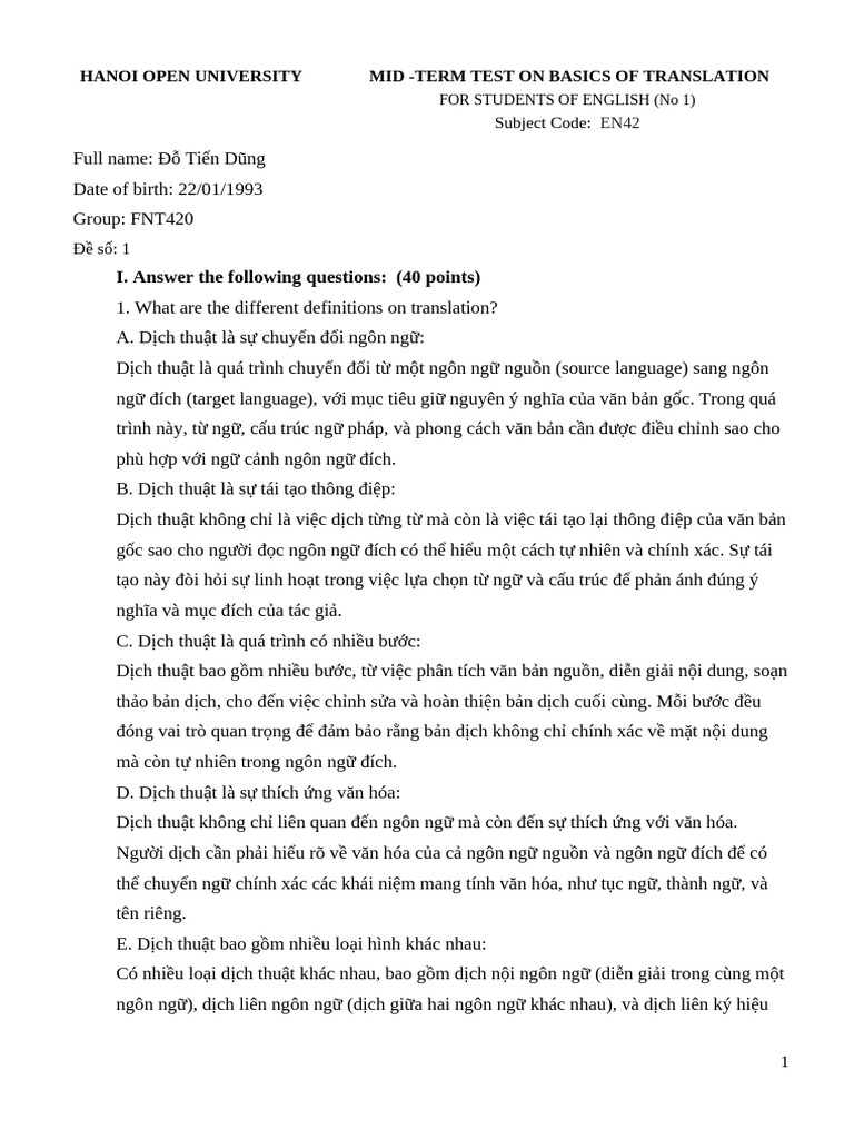 Dịch Đại Cương Số 1 | PDF