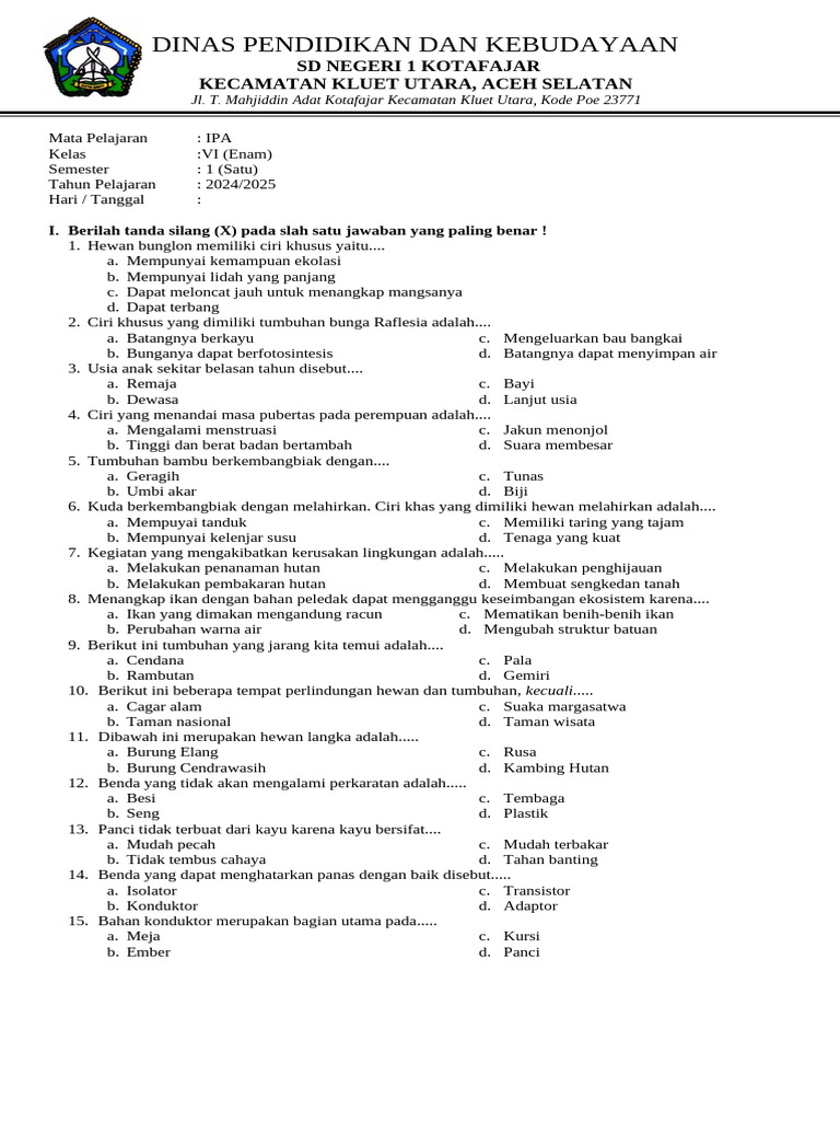 Soal IPA Kelas VI Semester 1 Aceh | PDF