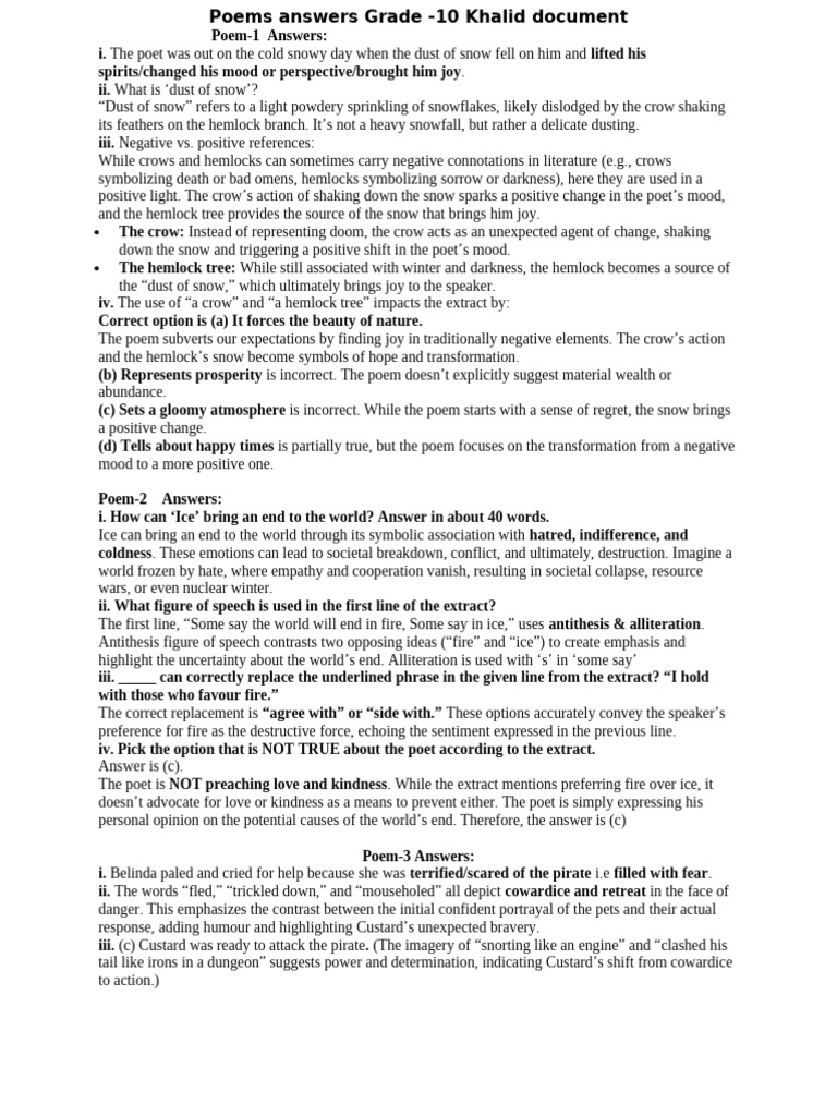 Grade 10 Poetry Analysis Answers | PDF | Poetry | Snow