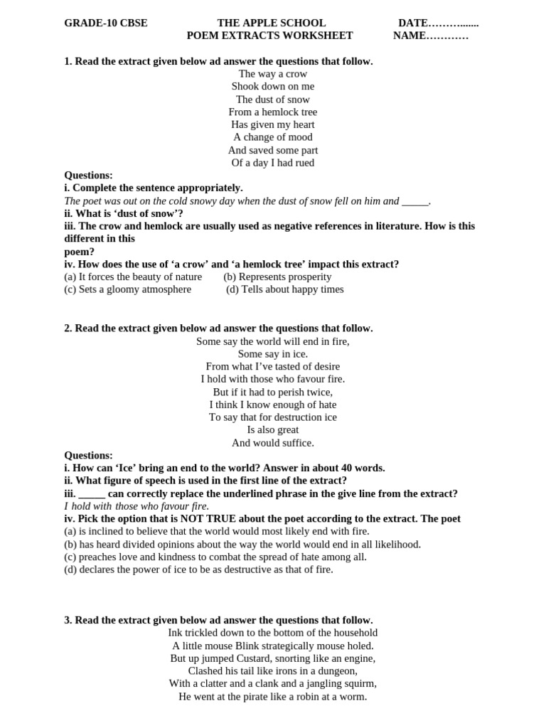 Grade 10 CBSE Poem Extracts Worksheet | PDF | Poetry | Predation
