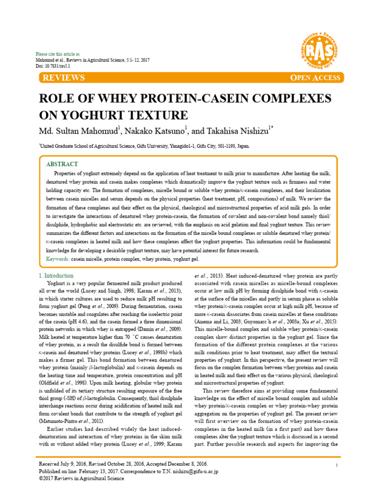Role of Whey Protein - Casein Complexes On Yogurt Texture | PDF | Milk ...