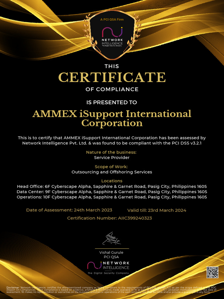 AMMEX iSupport PCI DSS Compliance Certificate | PDF