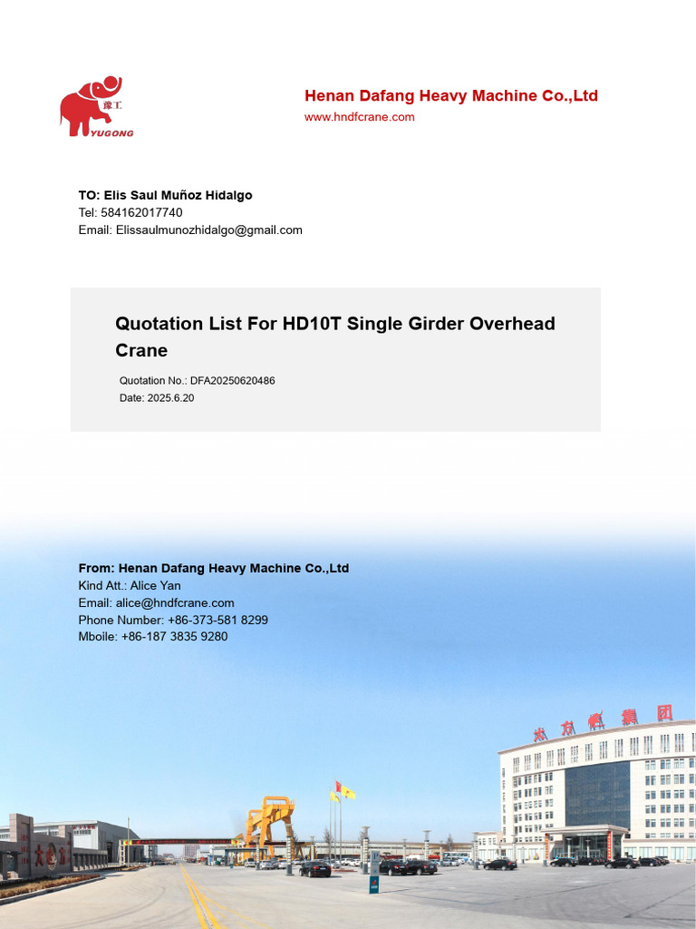 HD10T Overhead Crane Quotation Details | PDF | Welding | Construction
