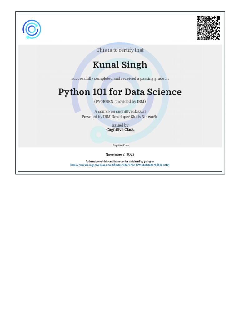 IBM PY0101EN Certificate - Cognitive Class | PDF