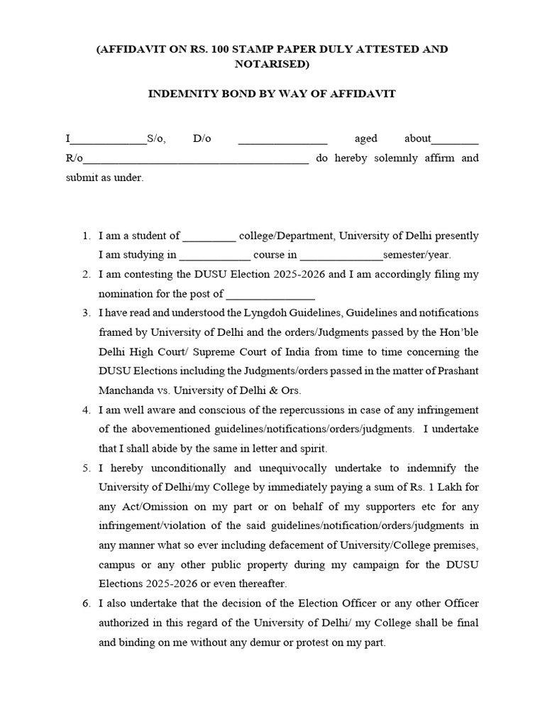 Indemnity Bond by Way of Affidavit (Students Elections 2025 - 2026) | PDF