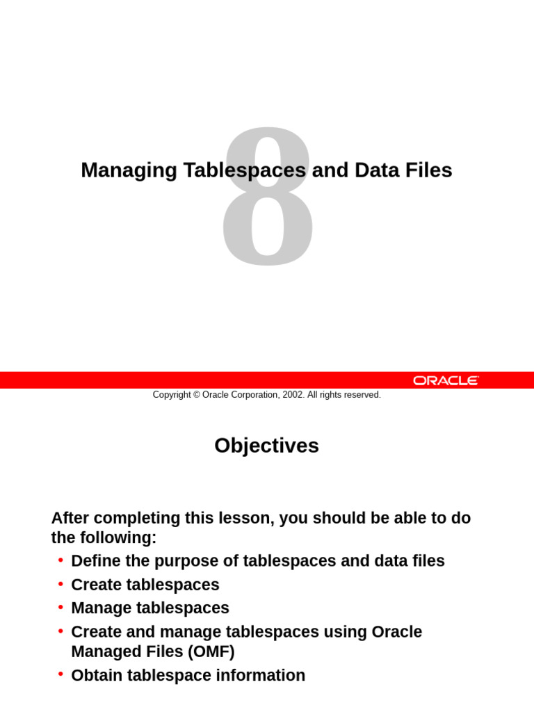 Managing Oracle Tablespaces and Data Files | PDF | Databases | Database ...