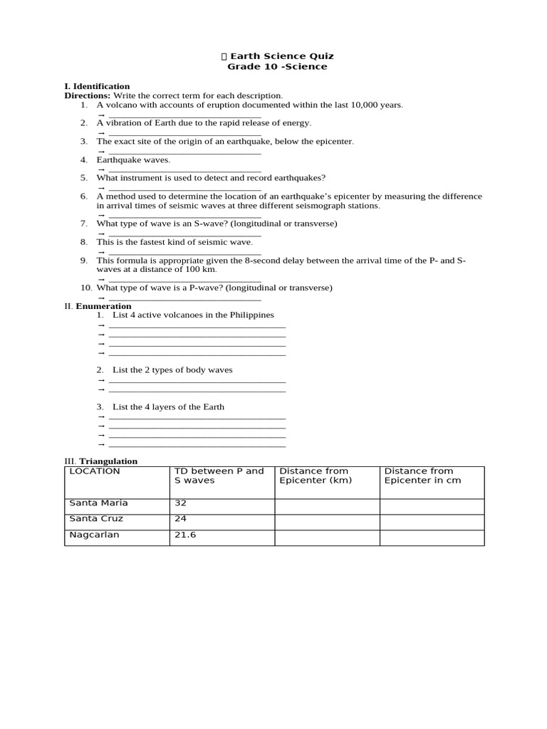 Grade 10 Earth Science Quiz Guide | PDF