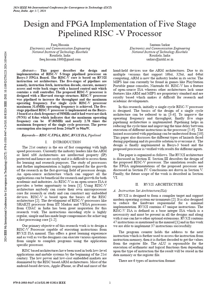 Design and FPGA Implementation of Five Stage Pipelined RISC - V Processor | PDF | Central ...