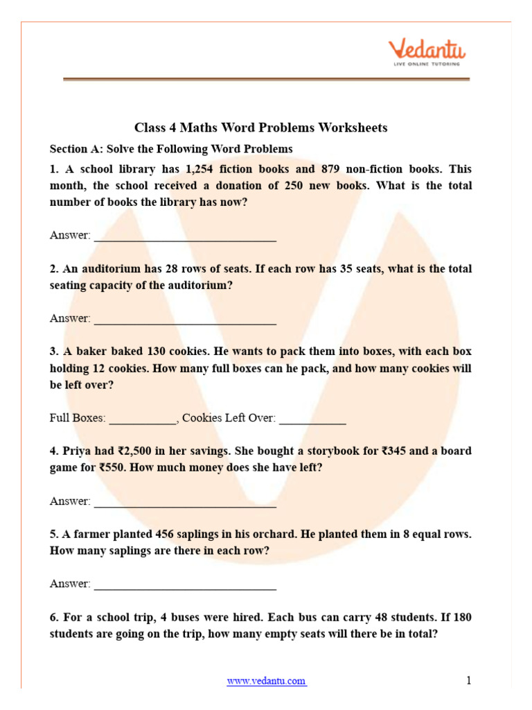 Class 4 Maths Word Problems Worksheet PDF With Answers | PDF
